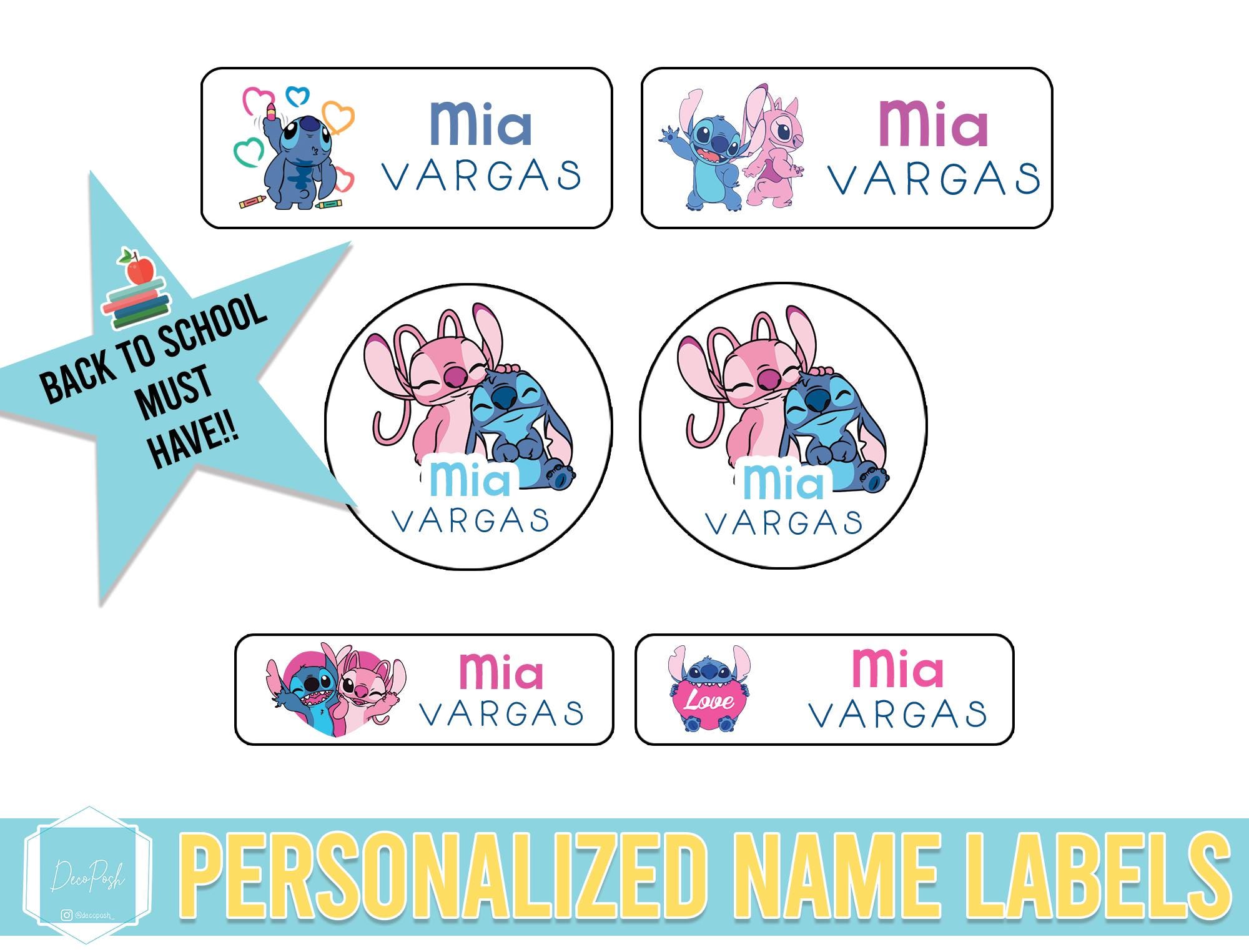 Stitch and Angel School Name Labels | Personalized Waterproof Daycare ...