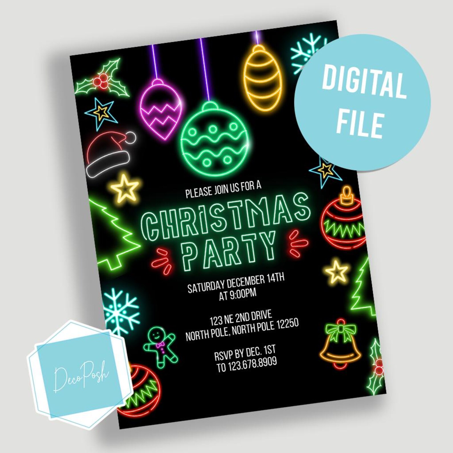 EDITABLE Neon Christmas Party Digital Invite | Glow Christmas Invite ...