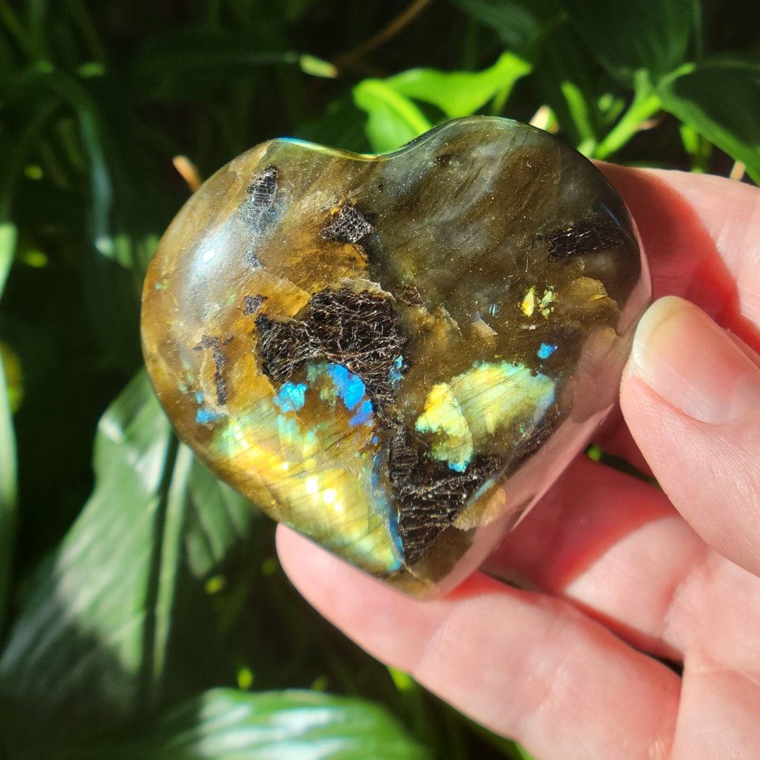 Labradorite Heart Palm Stone With Gold and Blue Flash, Crystal ...