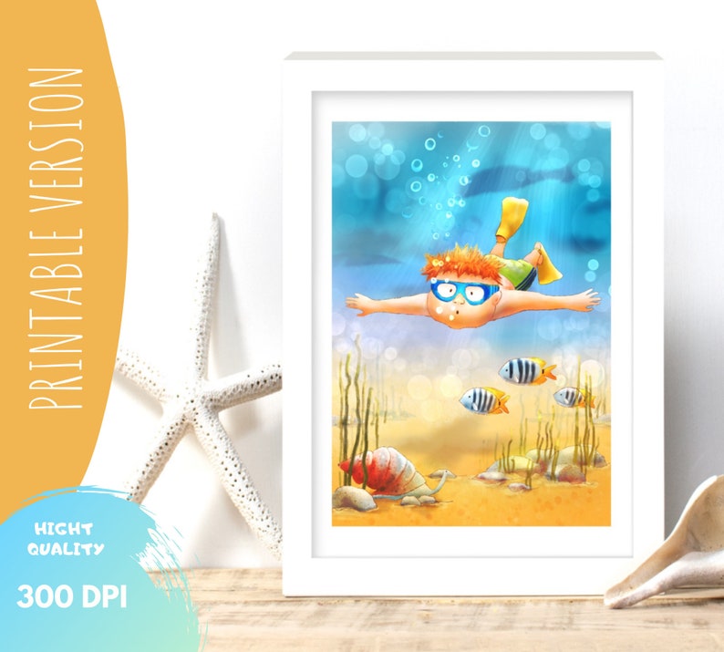 Holiday Activities, Floaty Boy, Underwater Swimming, Hand Drawn Art to ...