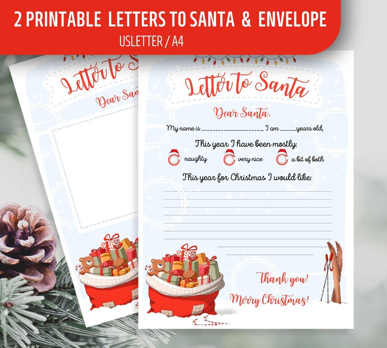 Letter to Santa Kids Christmas Wish List, Set With Envelope, Two Paper ...