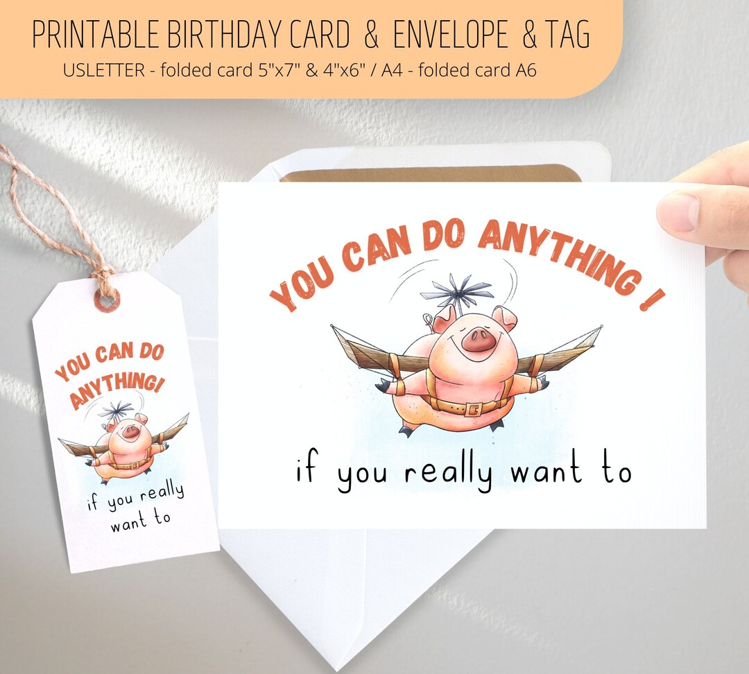 Funny Greeting Card With a Flying Pig, Printable Birthday Card With ...