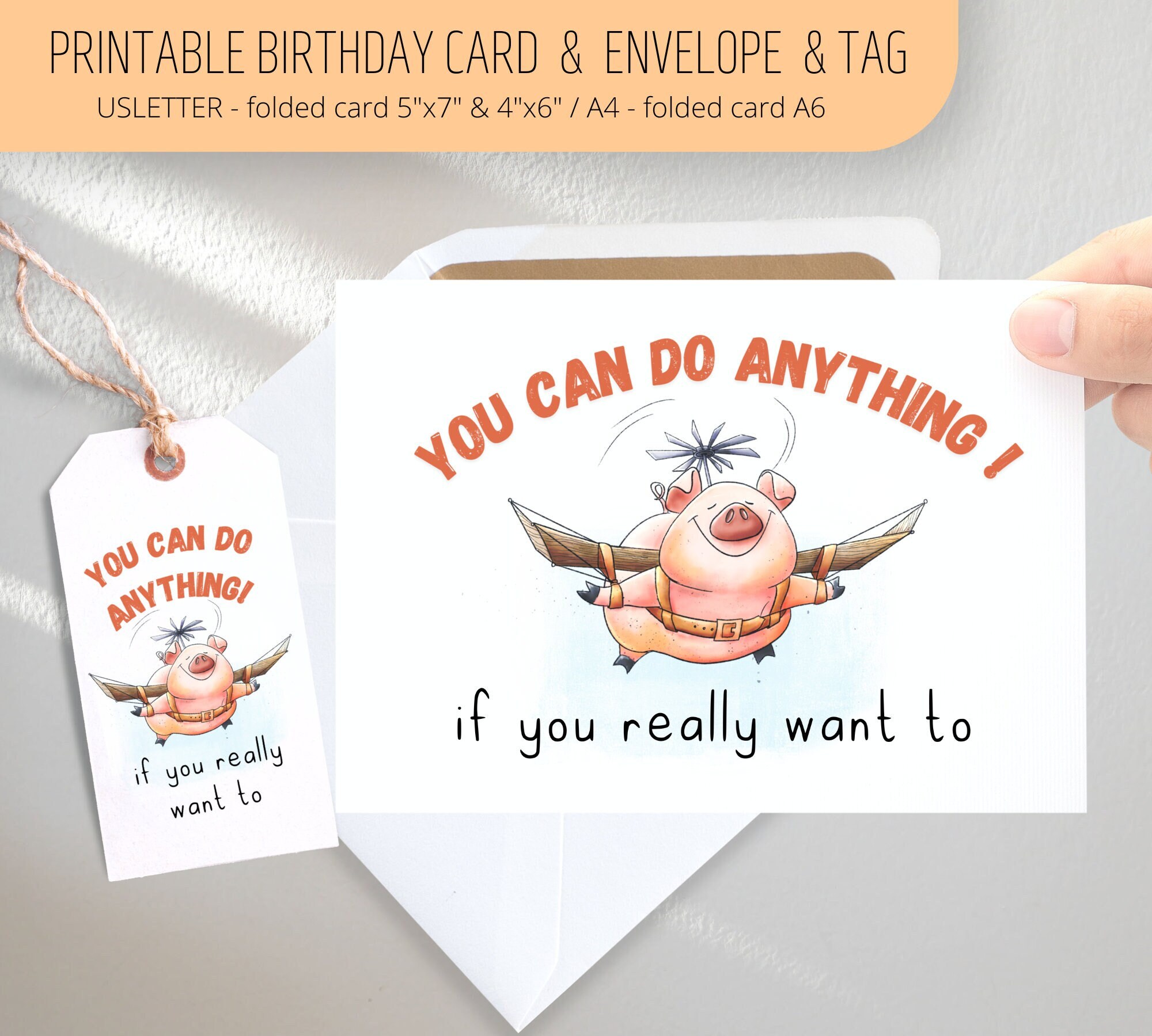 Funny Greeting Card With a Flying Pig, Printable Birthday Card With ...