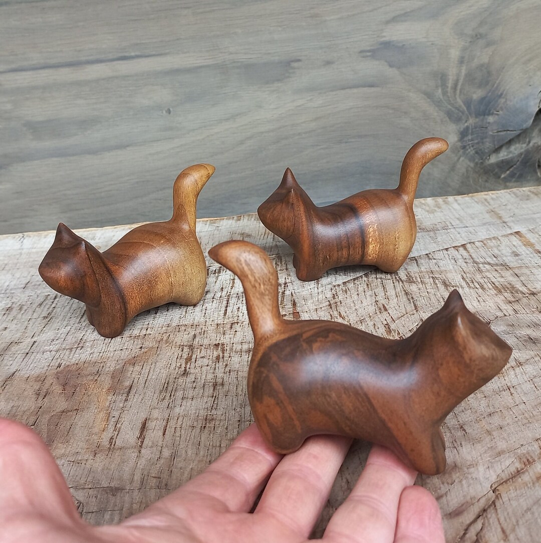 Small Wooden Cat Figurines, Little Wood Kitty Statue, Hand Carved ...
