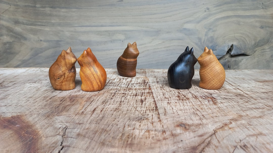 Small Wooden Figurines the Sitting Cat Little Wood Statue Hand Carved ...