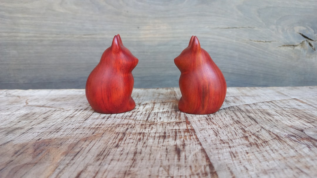 Set of 2 Cute Tiny Kitty Figurines, Small Wooden Animal Statue, Hand ...