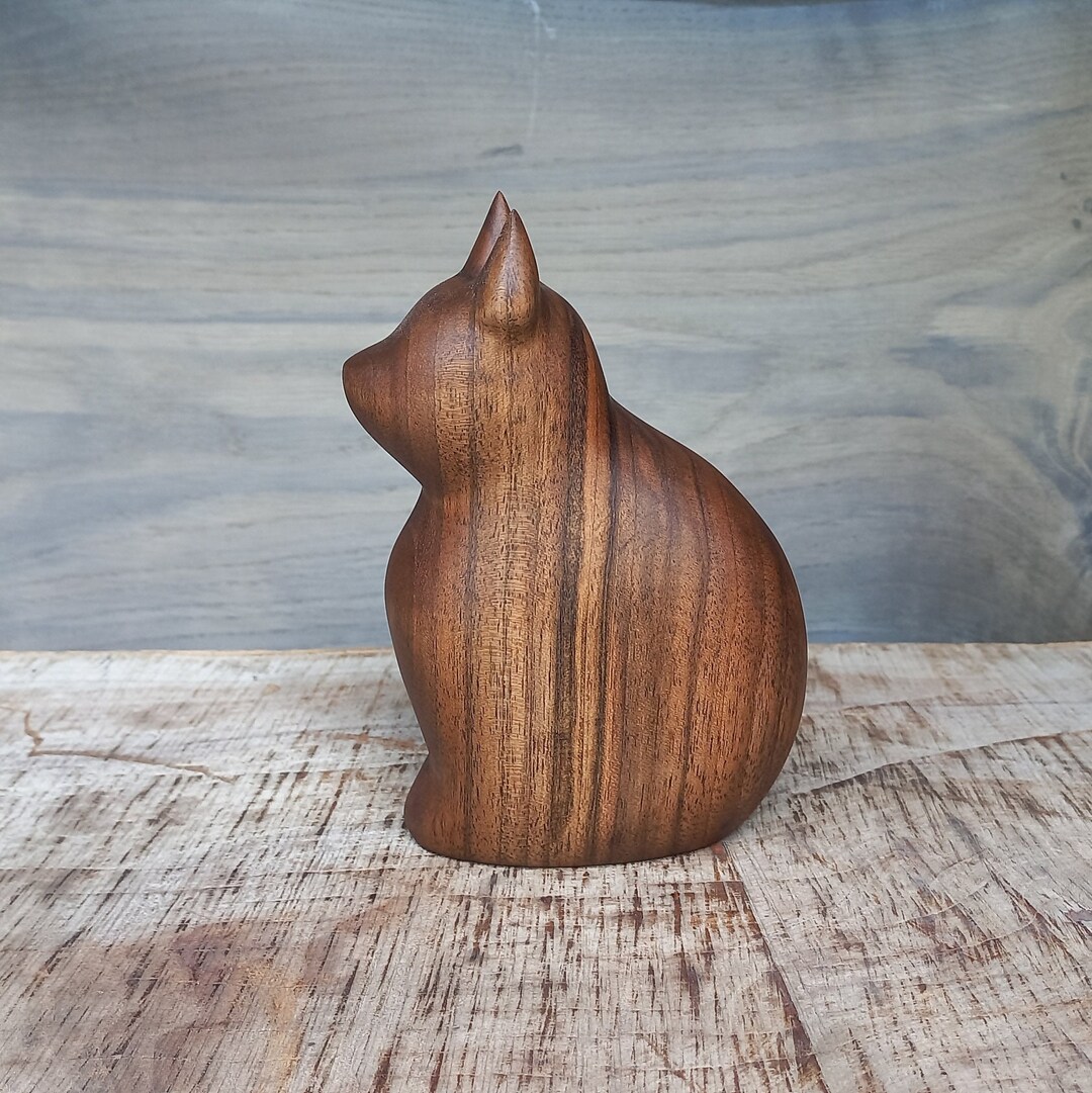 Hand Carved Figurine Sitting Cat, Little Wooden Animal Statue, Small ...