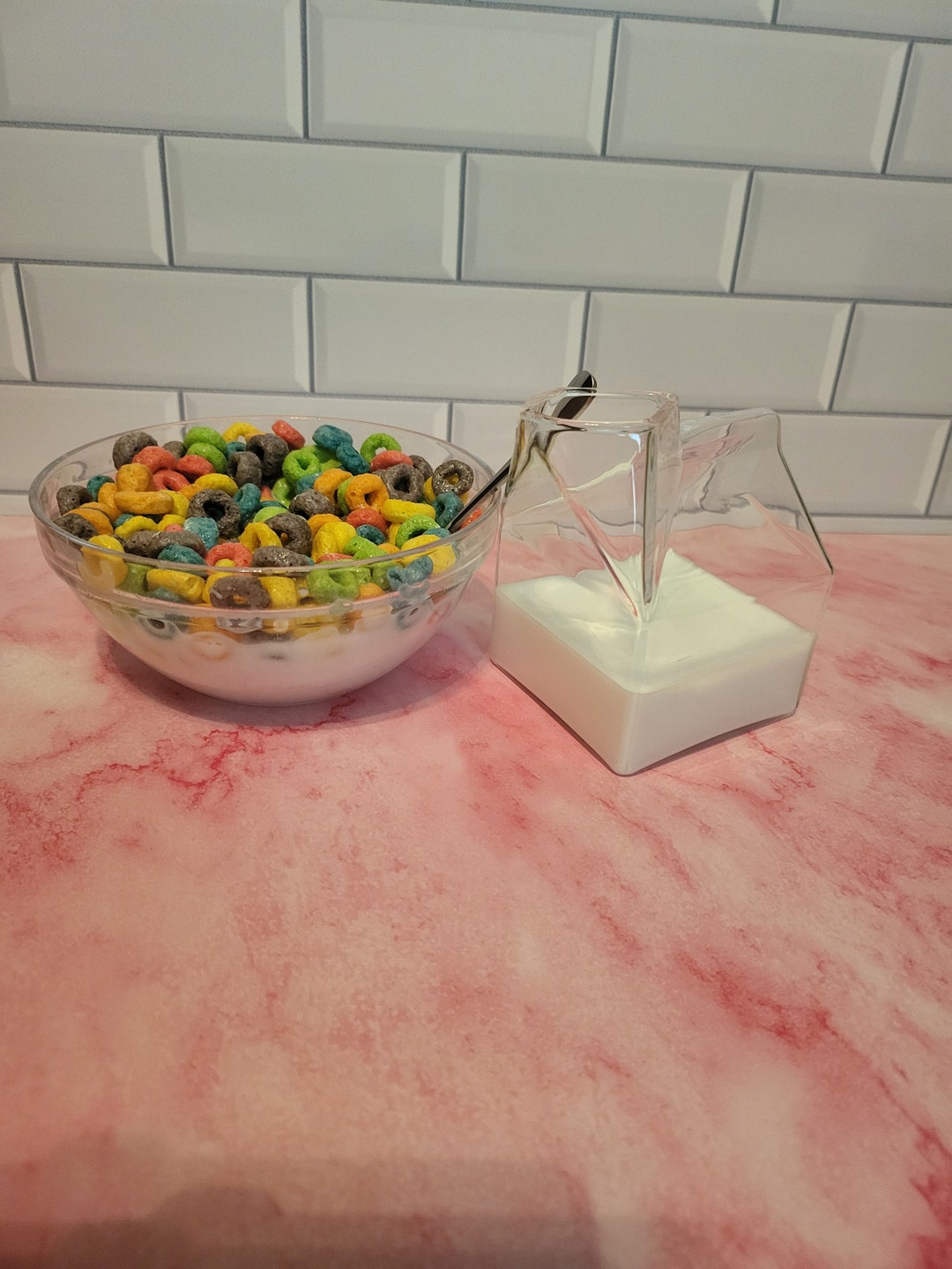 Small Fake Bowl of Colorful Cereal With Milk Carton With Fake Milk ...