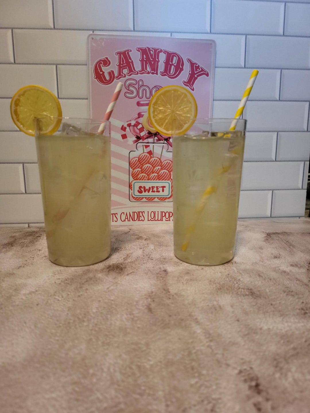 Set of 2 Fake Lemonade With Fake Ice, Fake Lemon and Straw. Glass is ...
