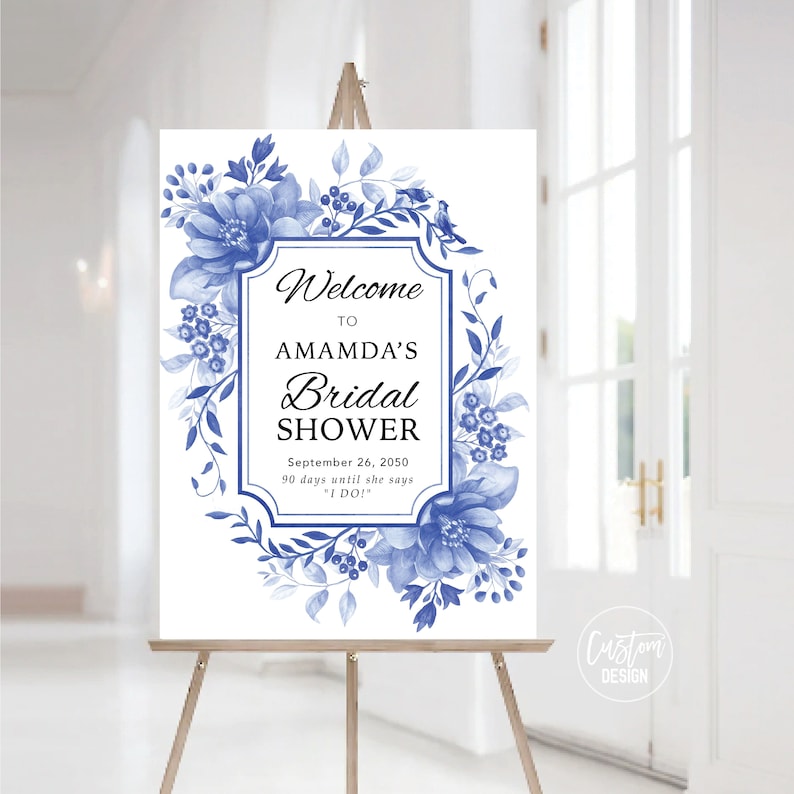 Blue Porcelain Bridal Shower Welcome Sign, Bridal Brunch Welcome Sign, Floral Chinoiserie Bridal ...