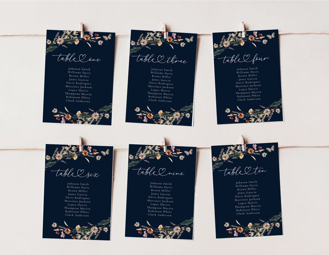 Navy Blue Wildflowers Hanging Seating Chart Wedding Template, Tiny ...