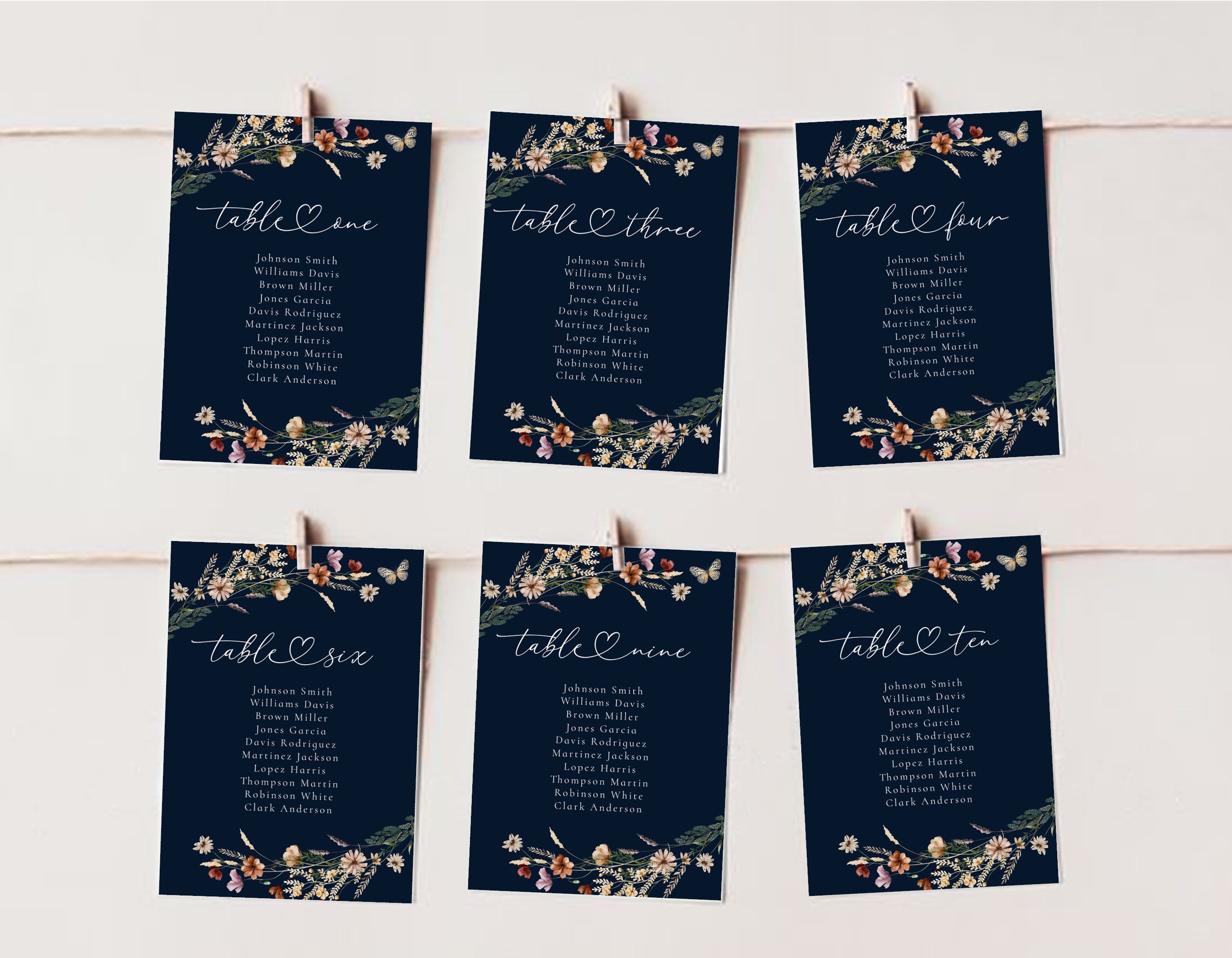 Navy Blue Wildflowers Hanging Seating Chart Wedding Template, Tiny ...
