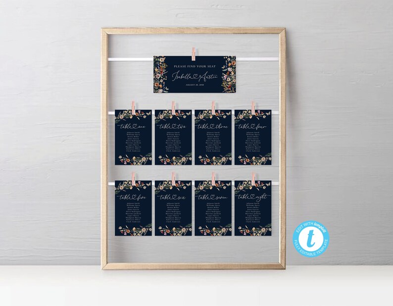 Navy Blue Wildflowers Hanging Seating Chart Wedding Template, Tiny ...