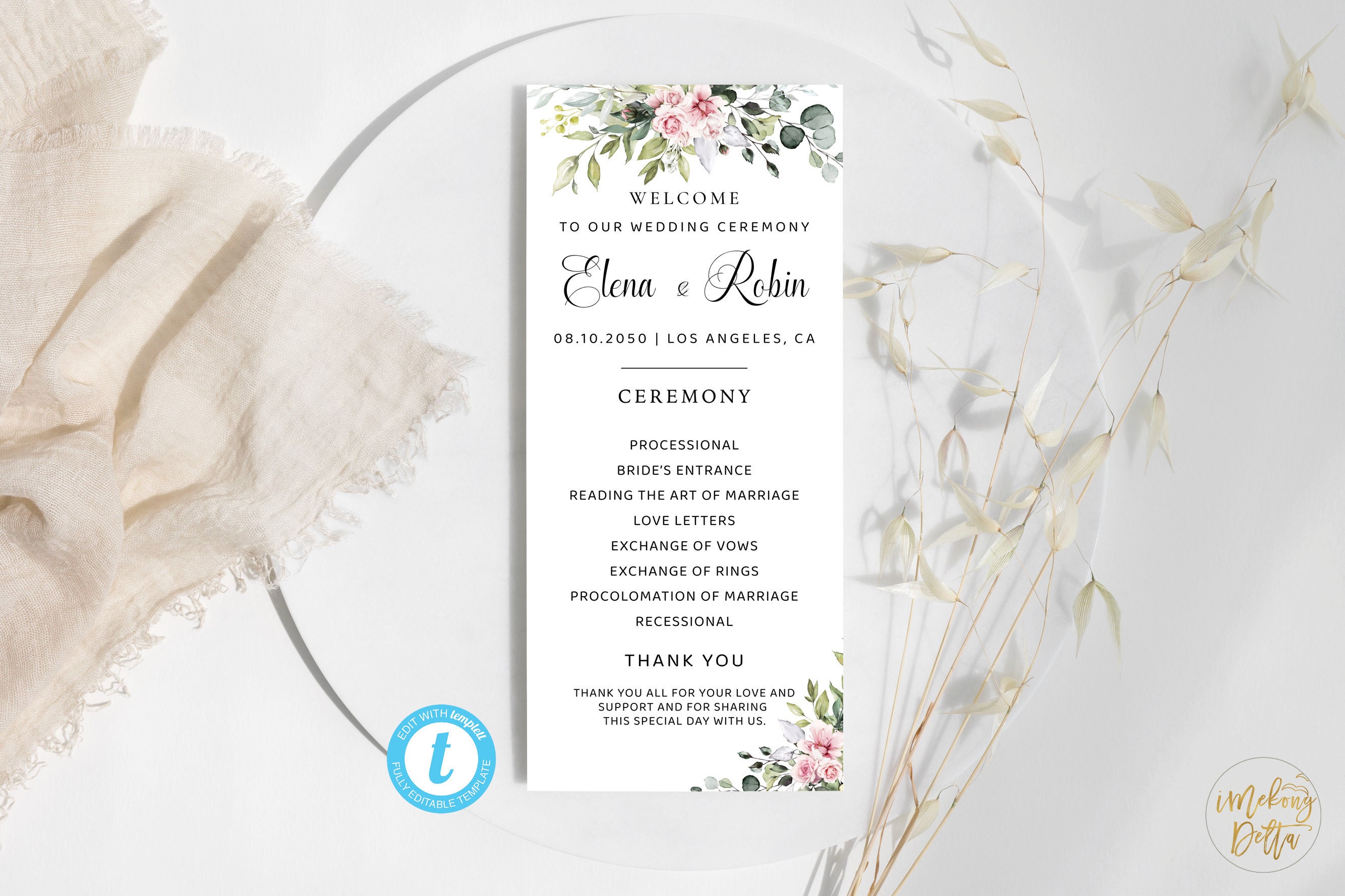 Greenery Blush Pink Roses Wedding Program Template Wedding - Etsy