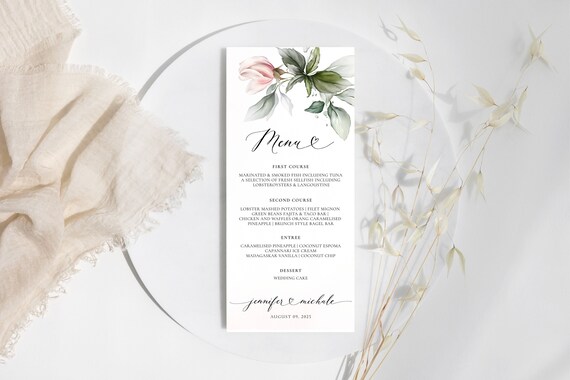 Blush Pink Roses Menu Card Template Rustic Wedding Menu - Etsy