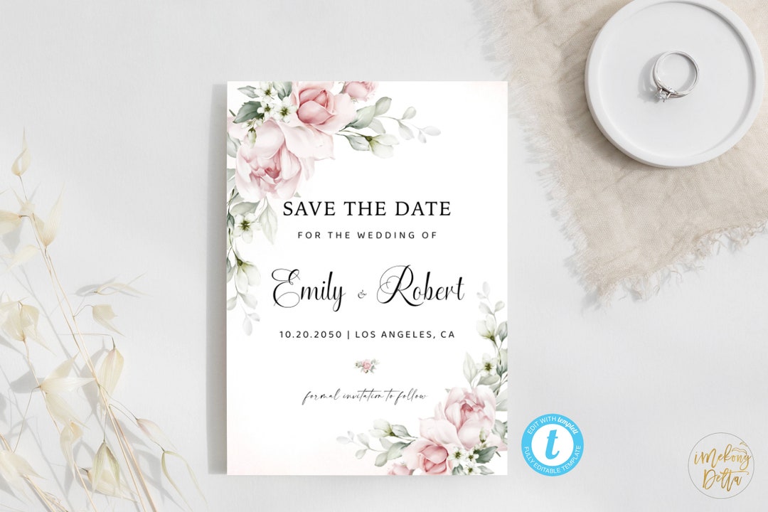 Blush Pink Roses Save the Date Template, Eucalyptus Save the Date ...