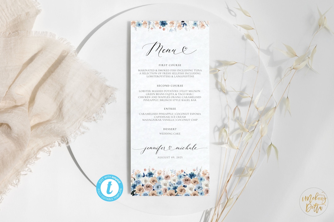 Blue Boho Menu Card Template, Rustic Wedding Menu Template, Blue Boho ...