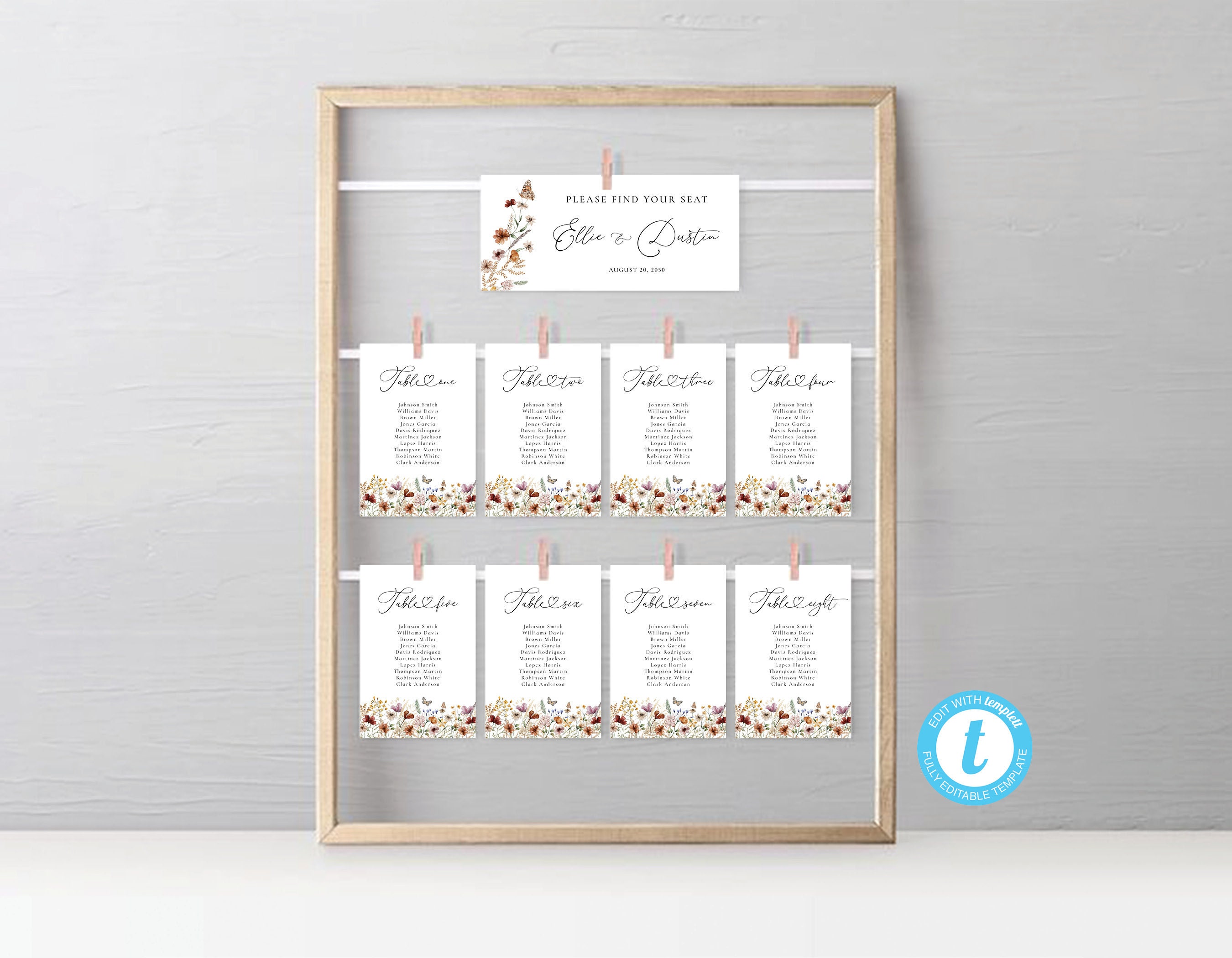 Wildflowers Hanging Seating Chart Wedding Template, Tiny Floral Wedding ...