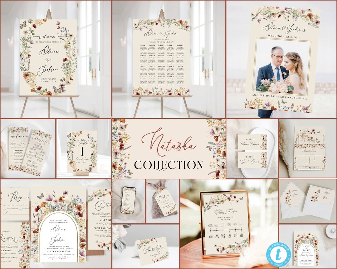 Boho Wildflowers Wedding Mega Bundle Template, Wedding Bundle 32 Pieces ...