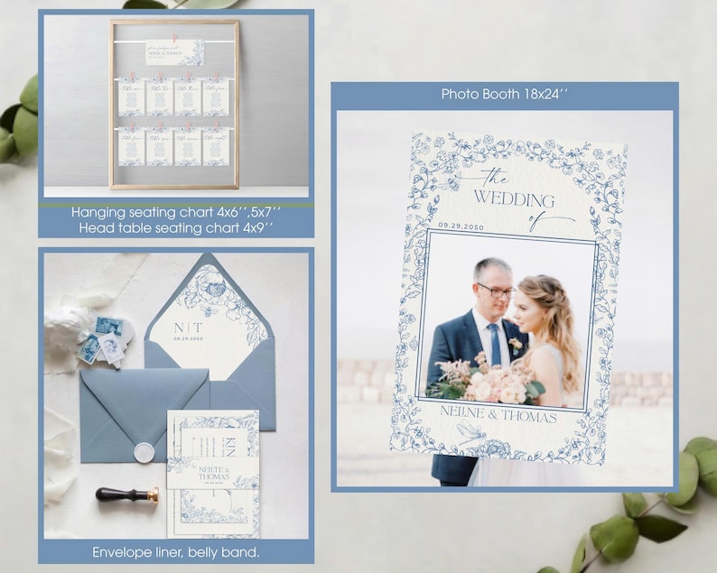 Blue Toile Wedding Mega Bundle: Editable, French Floral Decor (digital ...