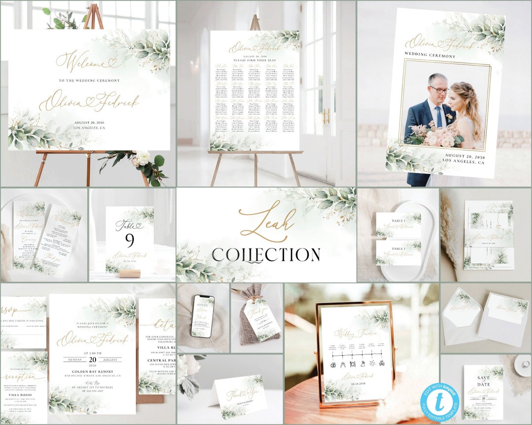 Greenery With Gold Wedding Mega Bundle Template, Wedding Bundle 32 ...