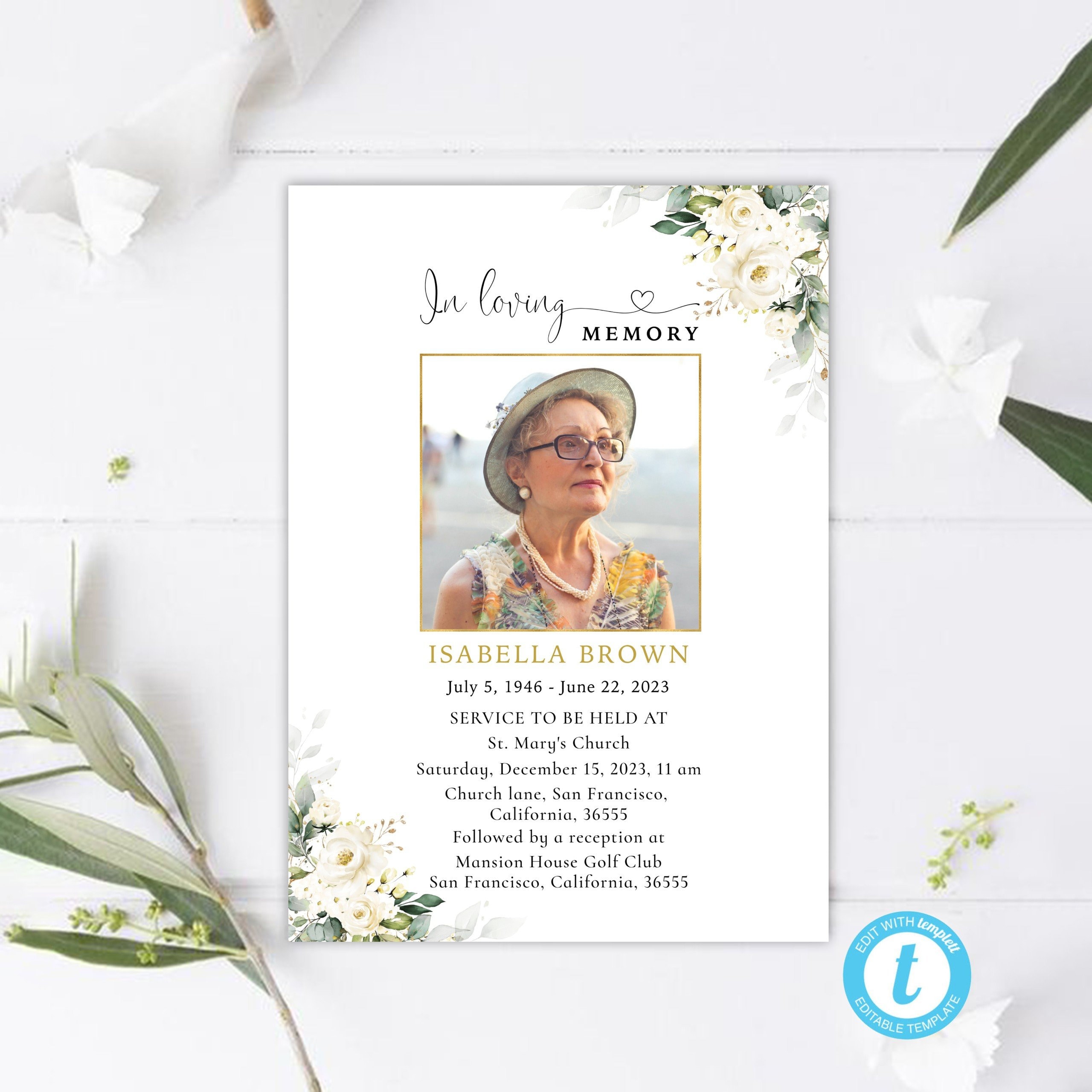 White Roses Funeral Invitation Template Memorial Service - Etsy
