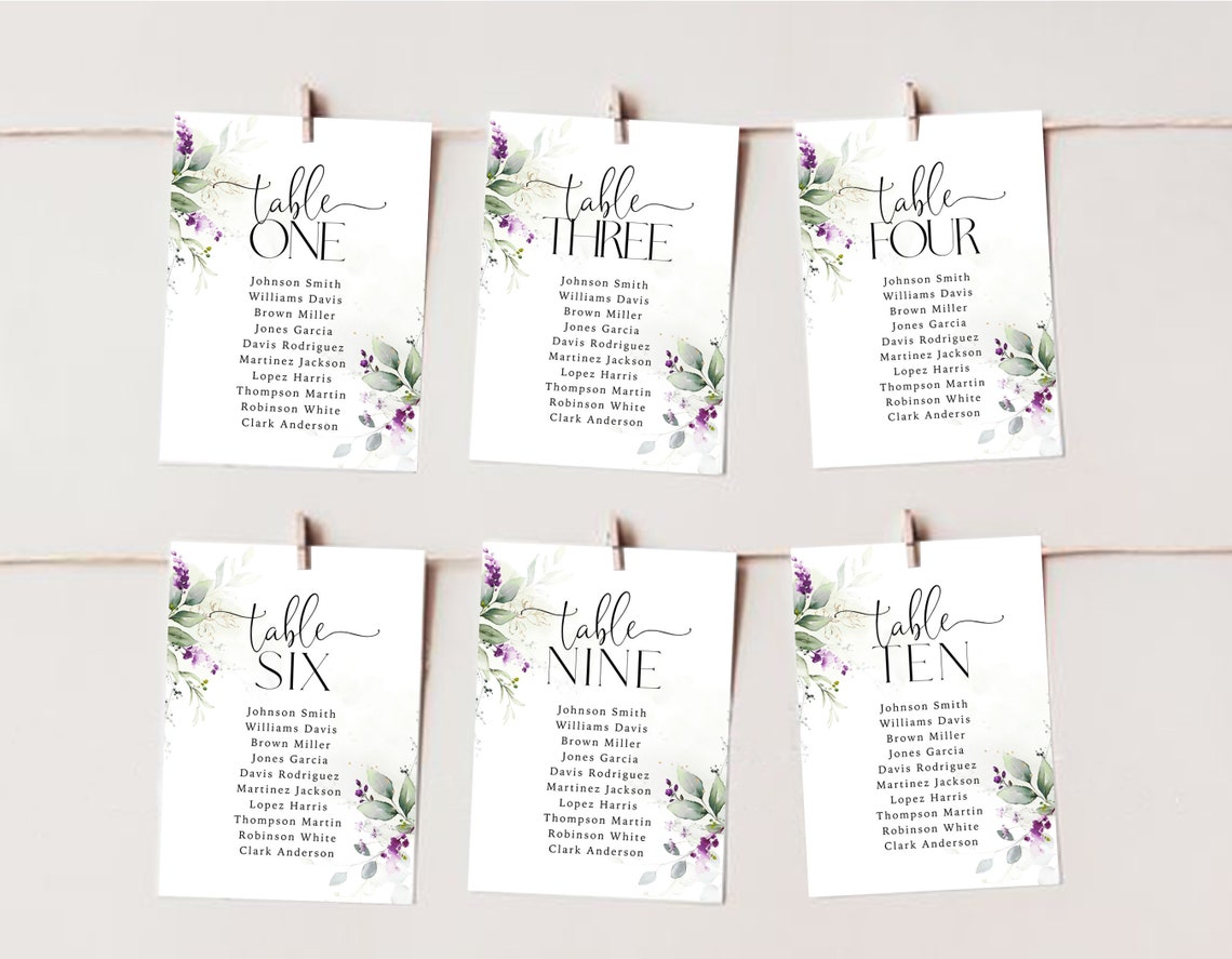Greenery Purple Hanging Seating Chart Wedding Template, Green Lavender ...