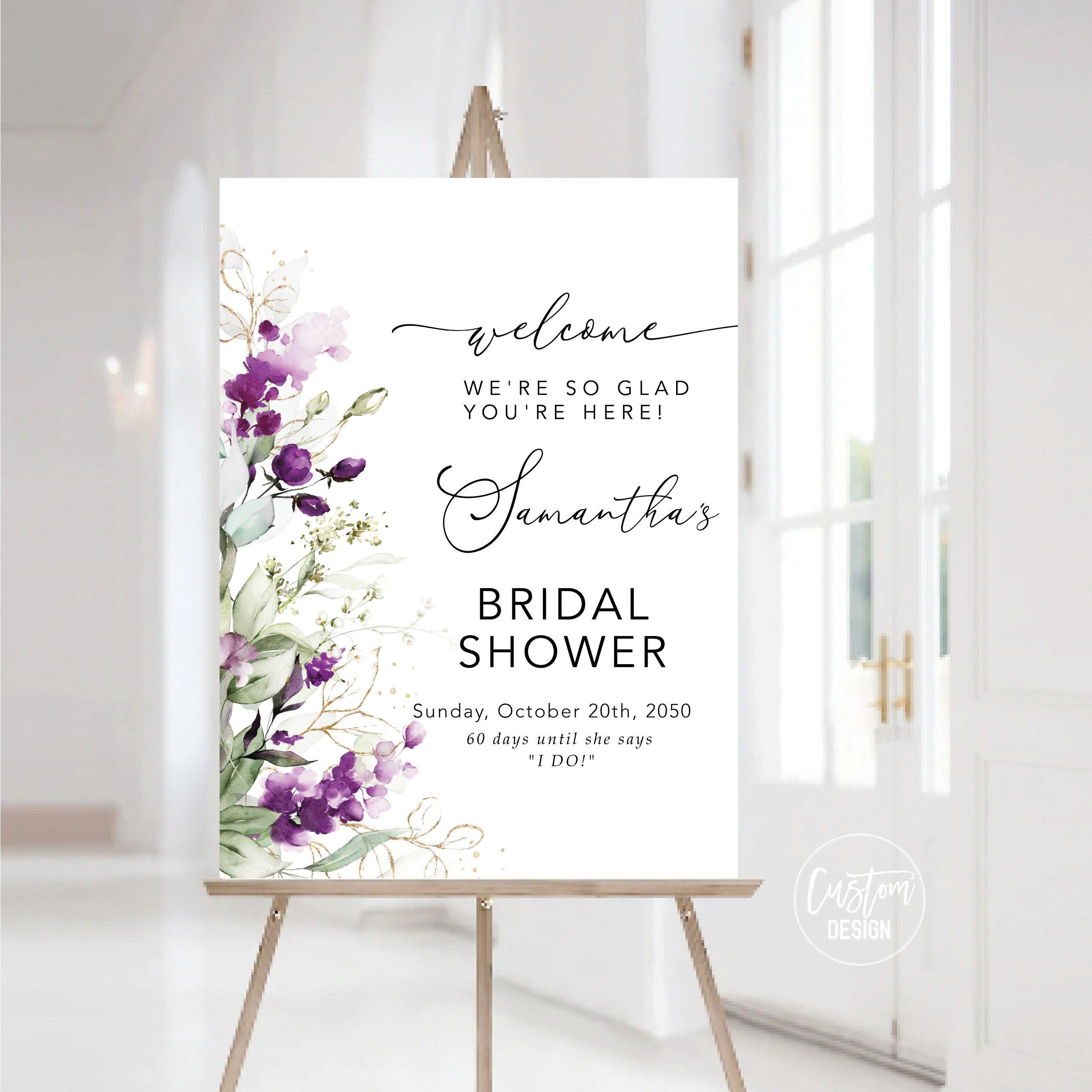 Greenery Purple Bridal Shower Welcome Sign, Green Lavender Wedding ...