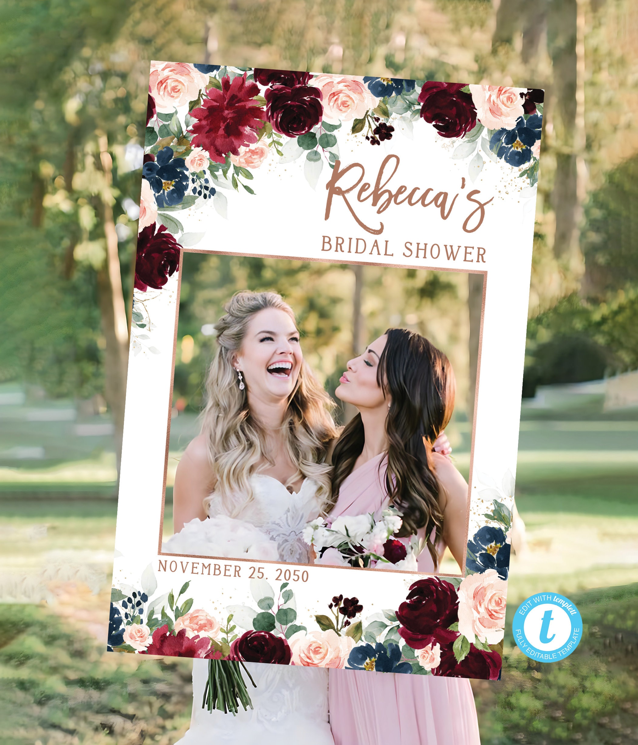 Burgundy and Navy Bridal Shower Photo Booth Frame Template, Printable ...