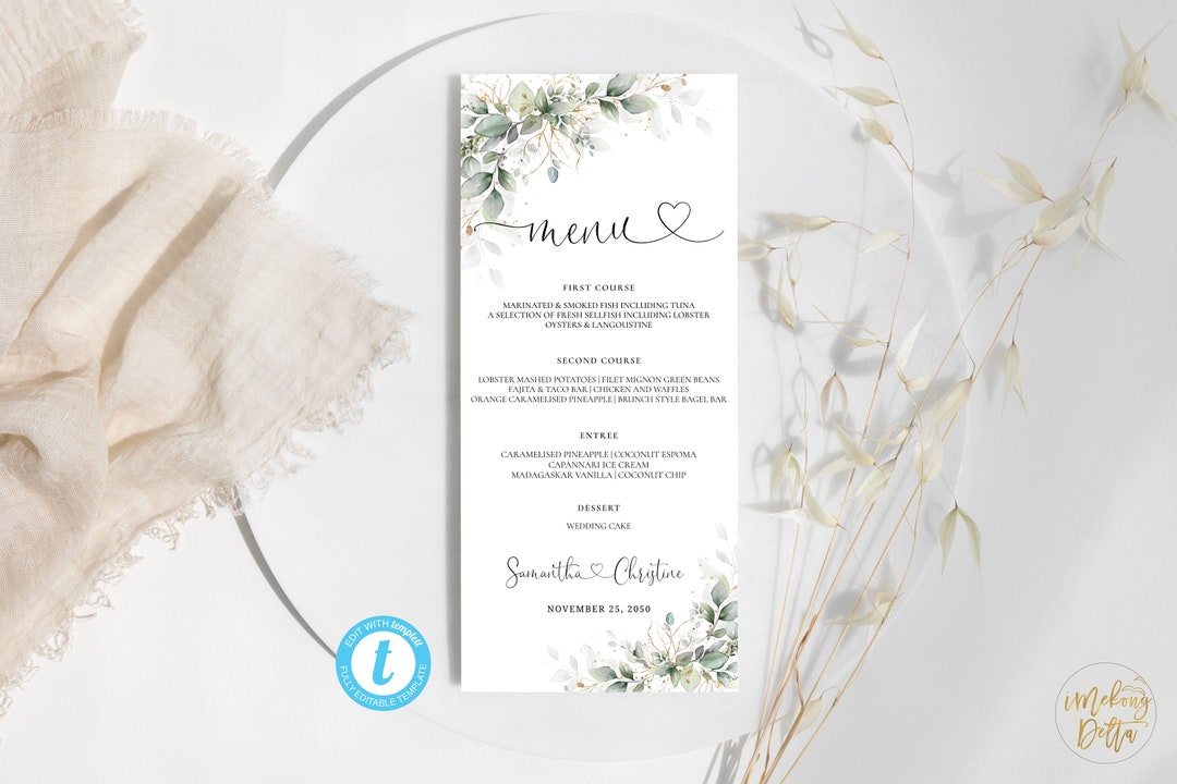 Greenery Menu Card Template, Rustic Wedding Menu Template, Greenery ...