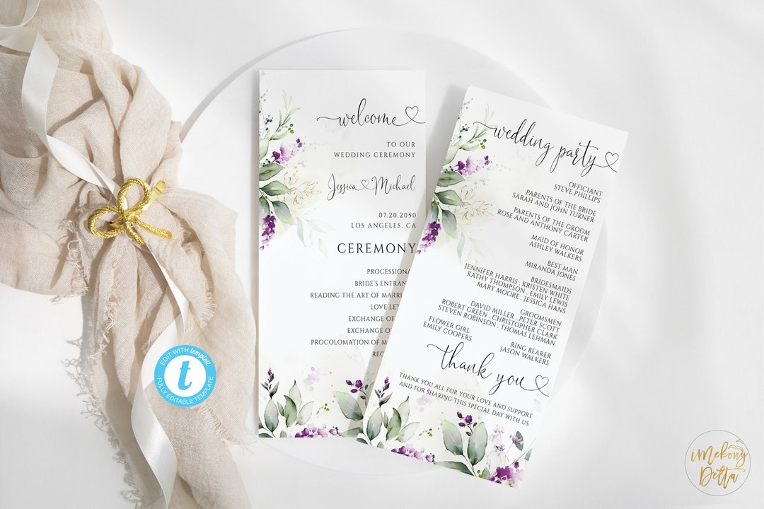 Purple Floral Wedding Program Template, Greenery and Lavender (editable ...