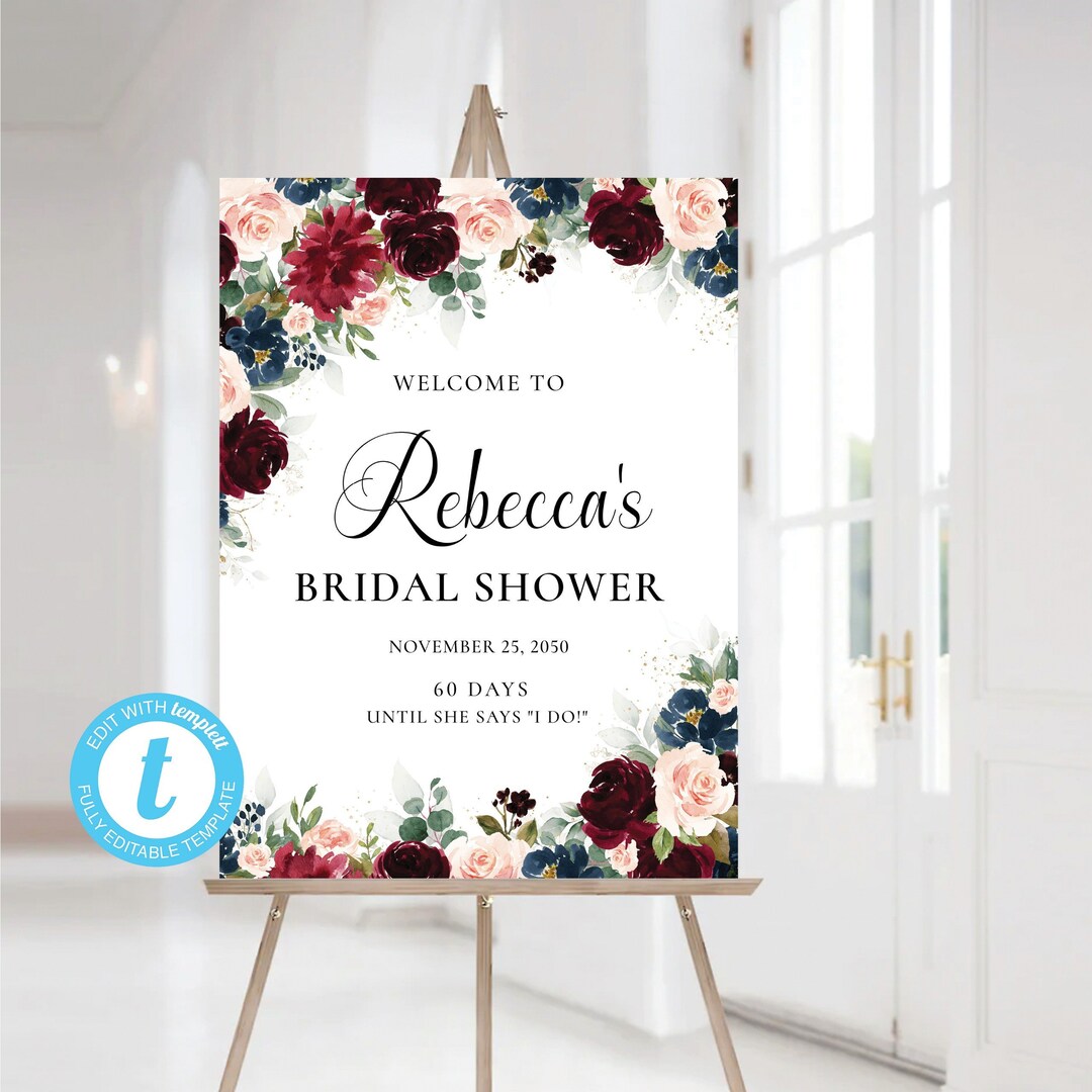 Burgundy and Navy Bridal Shower Welcome Sign Template, Bridal Brunch ...