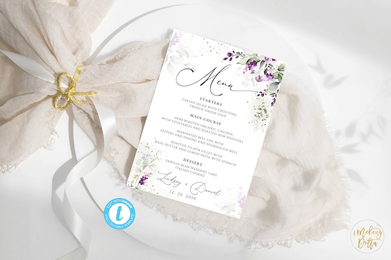 Greenery Purple Menu Card Template, Green Lavender Wedding Menu ...