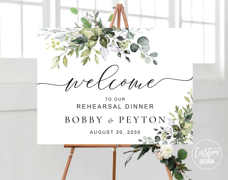 Custom Design, Greenery Rehearsal Dinner Welcome Sign, the Night Before ...