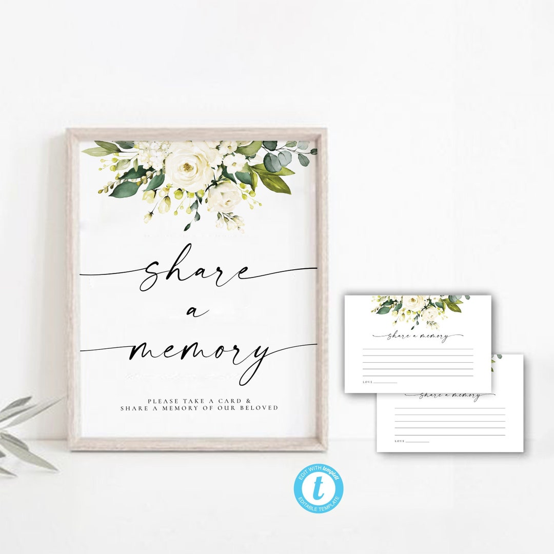 White Floral Funeral Share a Memory Sign & Cards, Editable Template ...