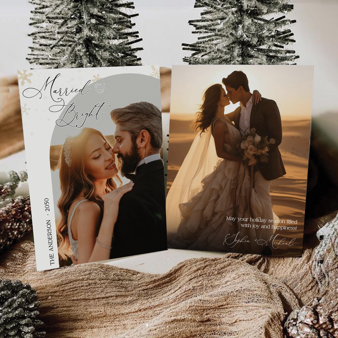 Married and Bright Holiday Card Template, Modern Minimalist Christmas ...