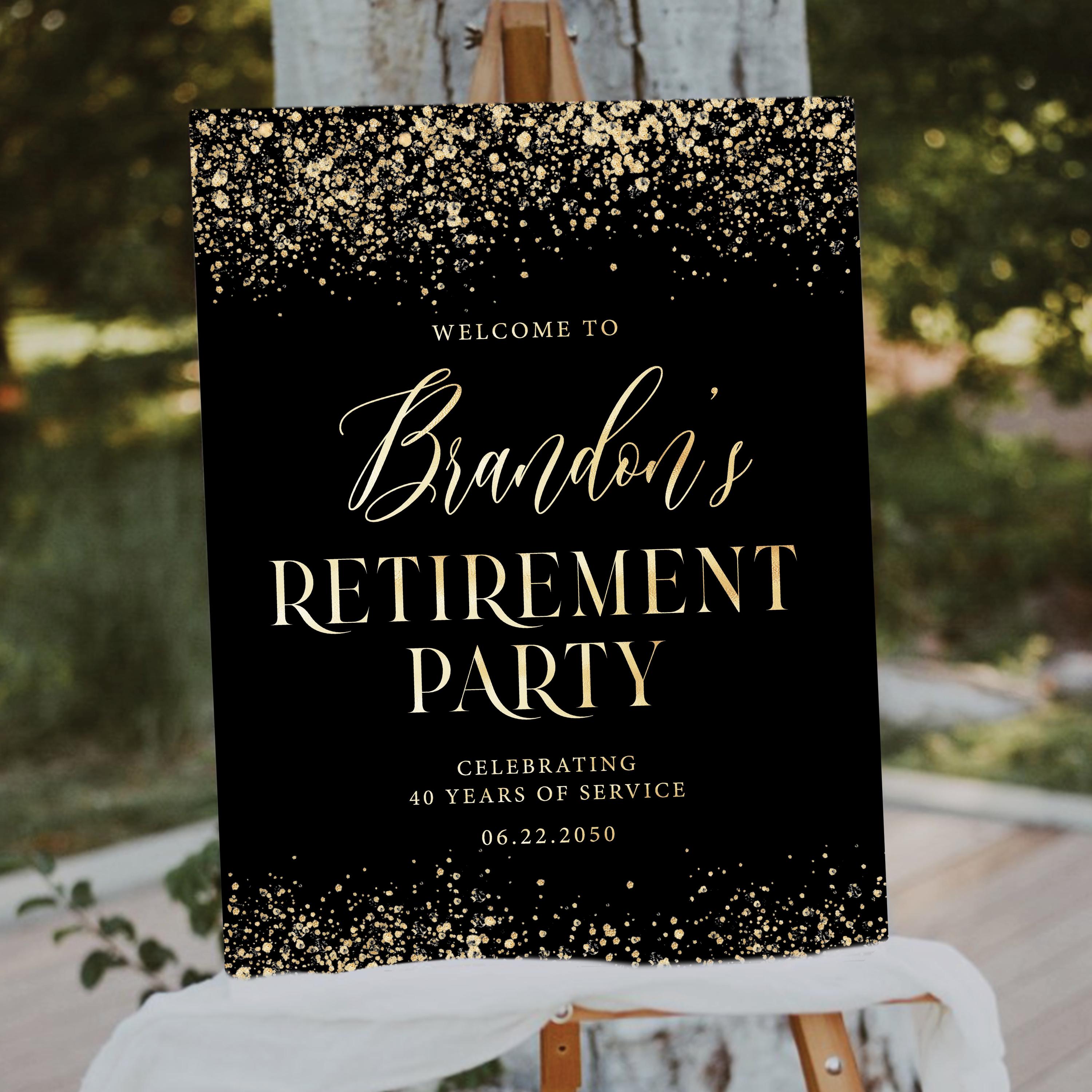 Modern Retirement Party Welcome Sign, Gold Confetti on Black (printed ...