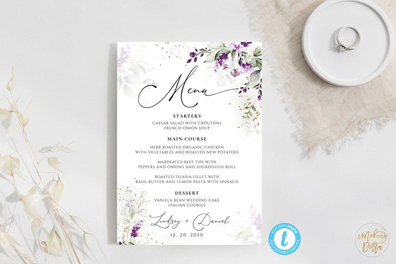 Greenery Purple Menu Card Template, Green Lavender Wedding Menu ...
