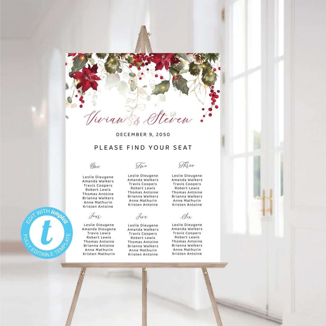 Christmas Seating Chart Sign, Christmas Wedding Welcome Sign Editable ...