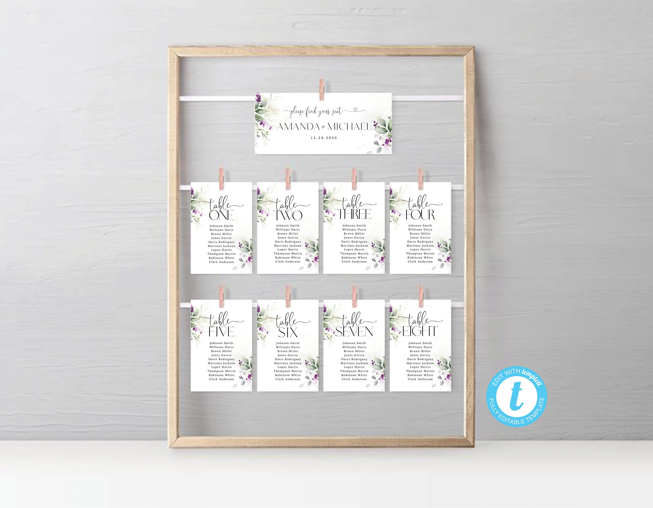 Greenery Purple Hanging Seating Chart Wedding Template, Green Lavender ...