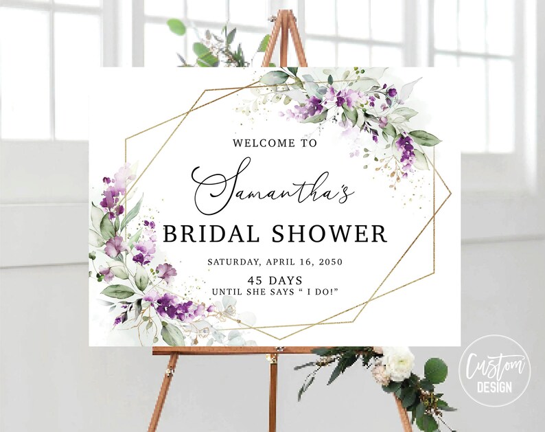 Greenery Purple Bridal Shower Welcome Sign, Green Lavender Bridal ...