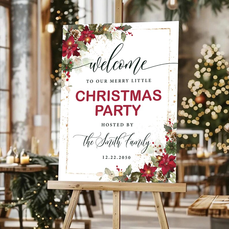 Red Floral Christmas Party Welcome Sign, Poinsettia and Lights, Gold ...