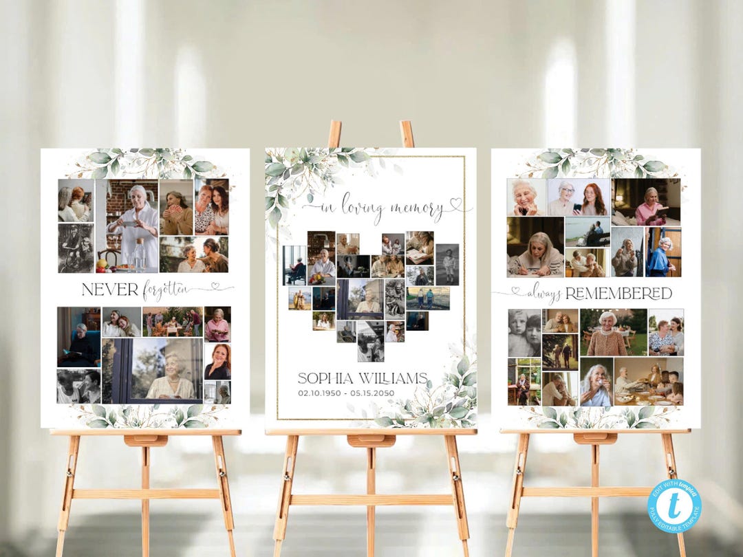 Greenery Funeral Photo Collage Sign Set: Editable Celebration of Life ...