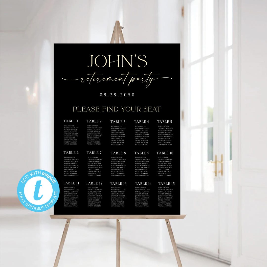 Minimalist Retirement Party Seating Chart Template, Black and Gold ...