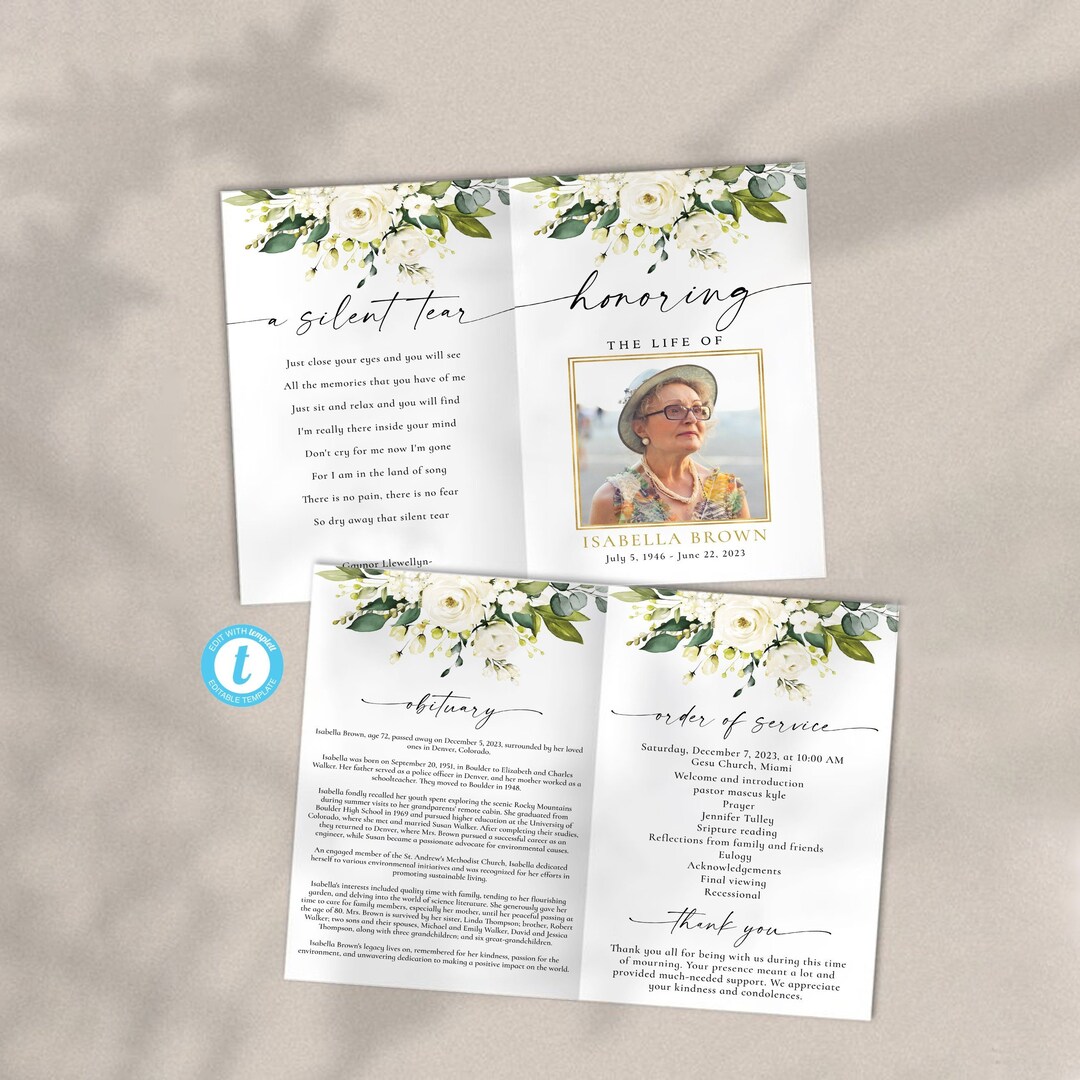 White Roses Funeral Life Program Celebration of Life Program - Etsy