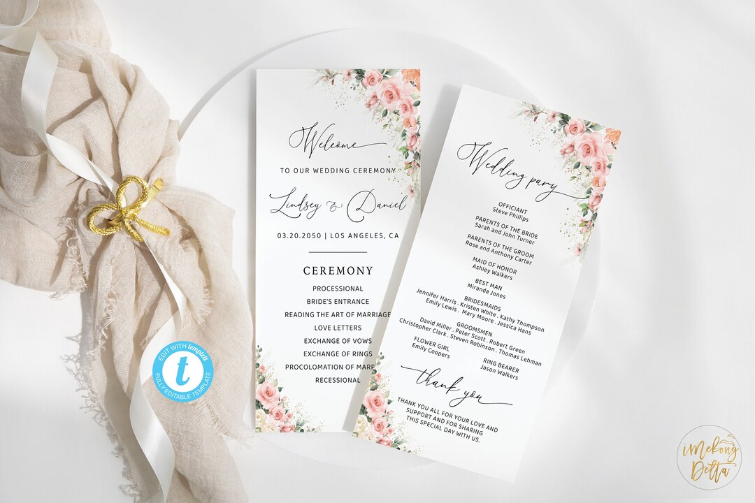 Sunny Floral Wedding Program Template, Blush Pink Roses Wedding Program Template, Wedding ...