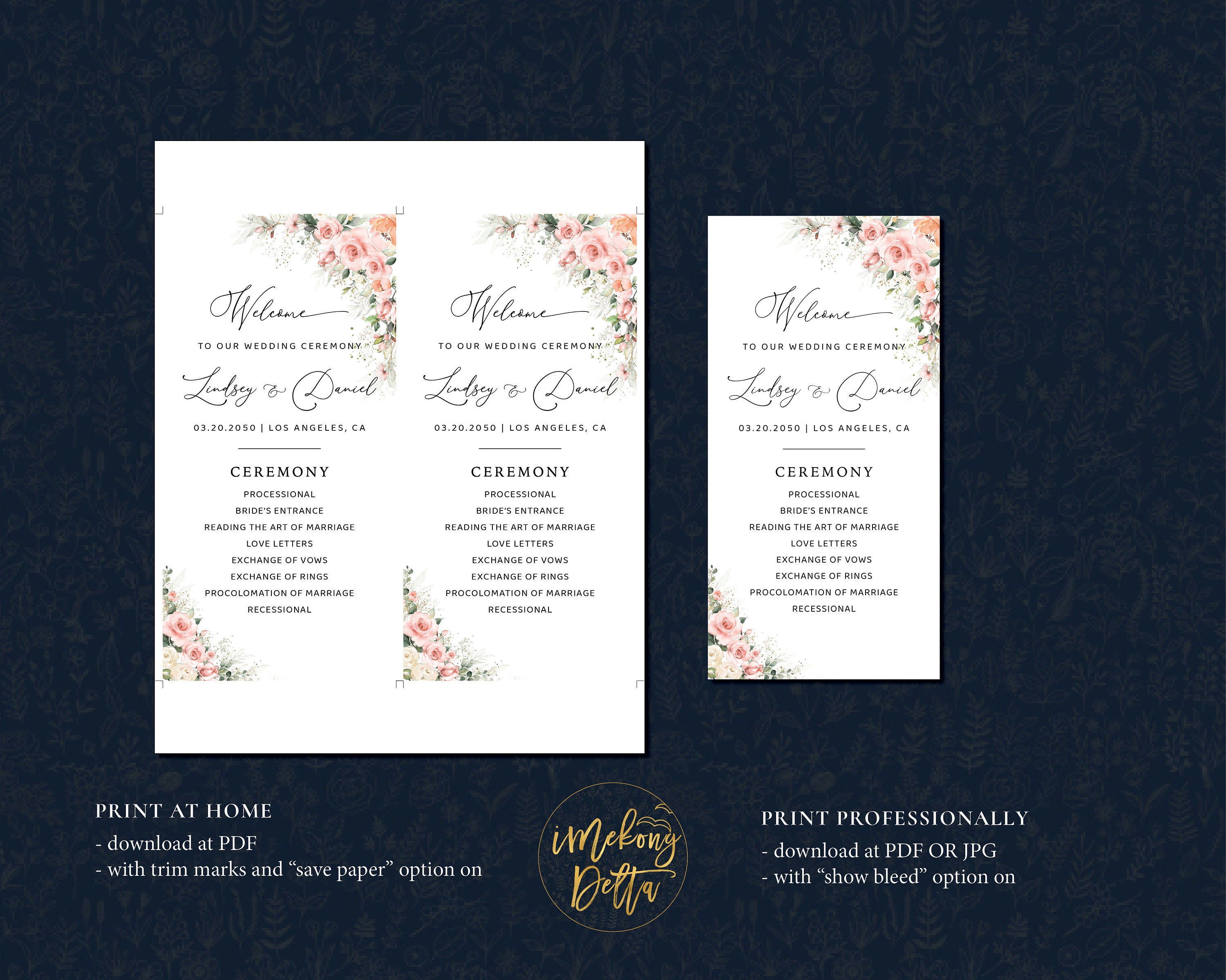 Sunny Floral Wedding Program Template, Blush Pink Roses Wedding Program Template, Wedding ...