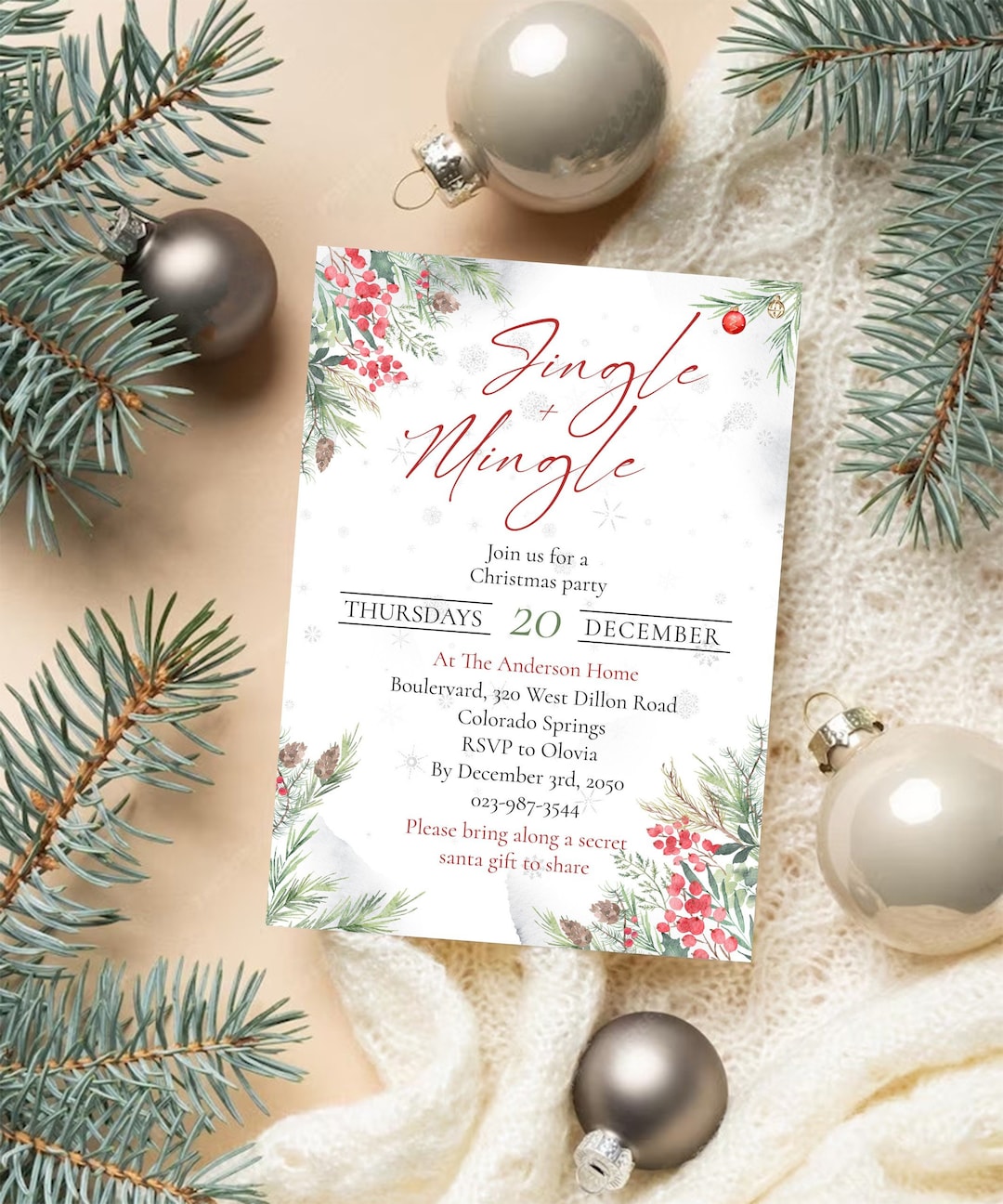 Jingle & Mingle Christmas Party Invitation, Editable Template (digital ...