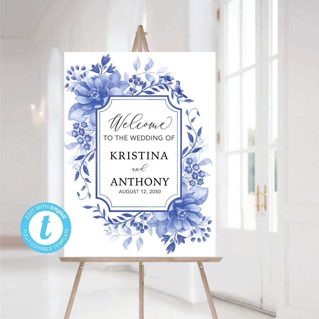 Blue Floral Wedding Welcome Sign, Editable Template, Chinoiserie ...