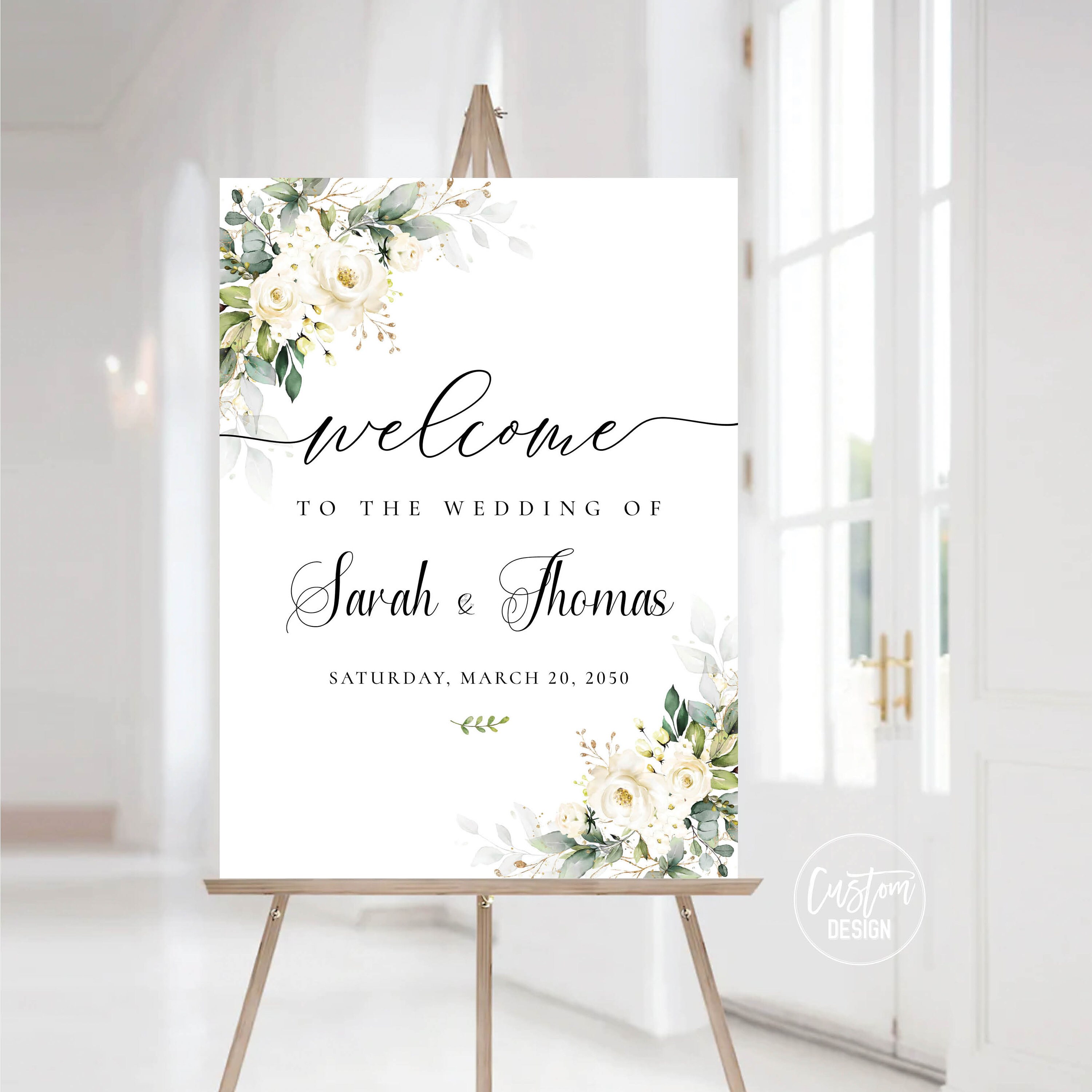 Custom Design, White Roses Wedding Welcome Sign, Welcome to the Wedding ...